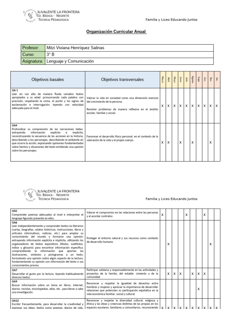 Plan Anual Lenguaje 3ero | PDF