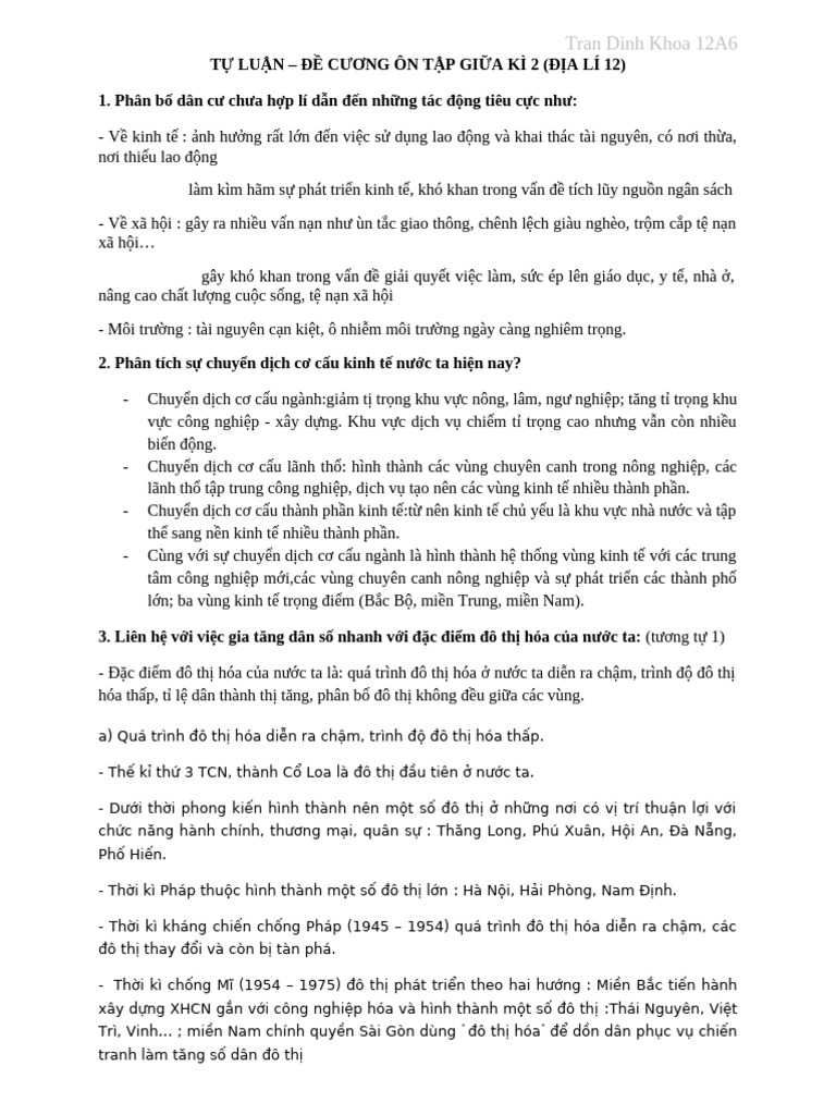 Tự Luận Địa 12 - GK2 | PDF