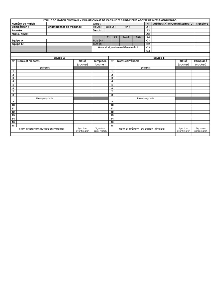 Feuille de Match Football Vierge | PDF | Football