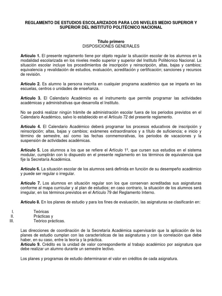 Reglamento IPN Antiguo | PDF | Prueba (evaluación) | Plan de estudios