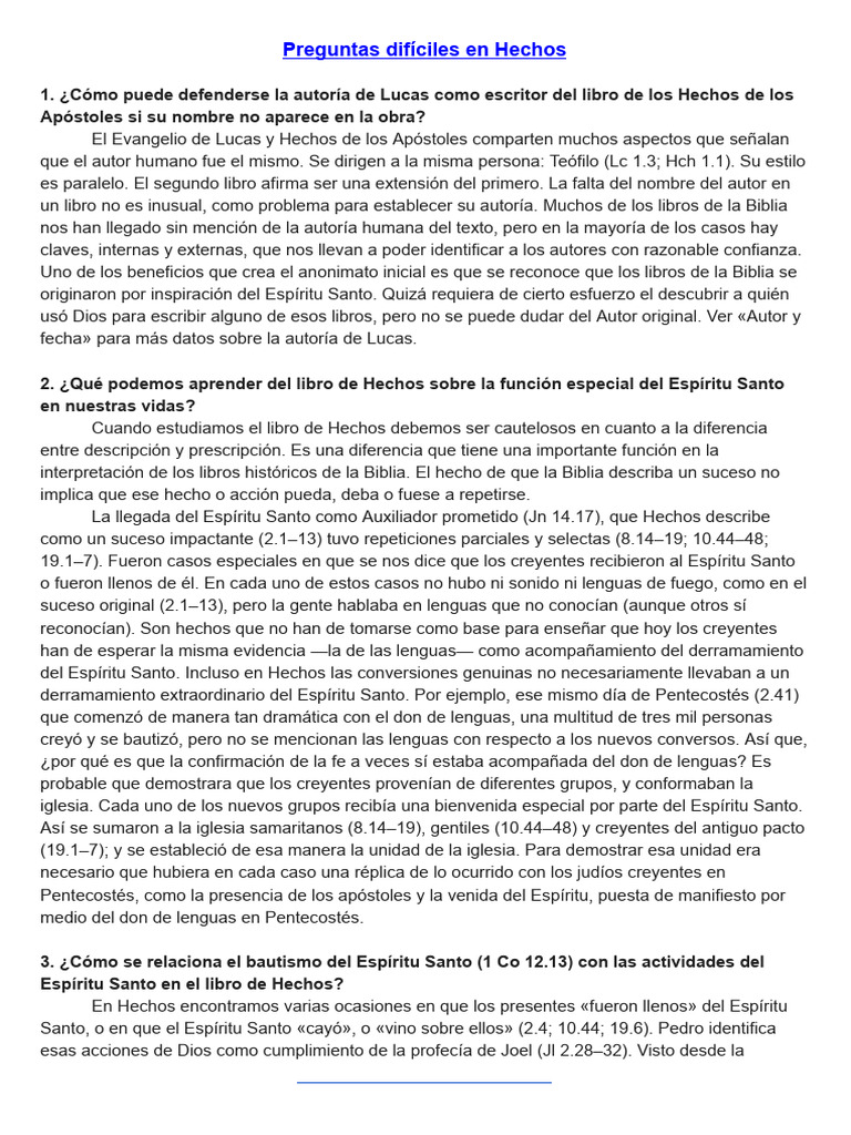 Preguntas Difíciles en Hechos | PDF | Evangelio De Lucas | espíritu Santo