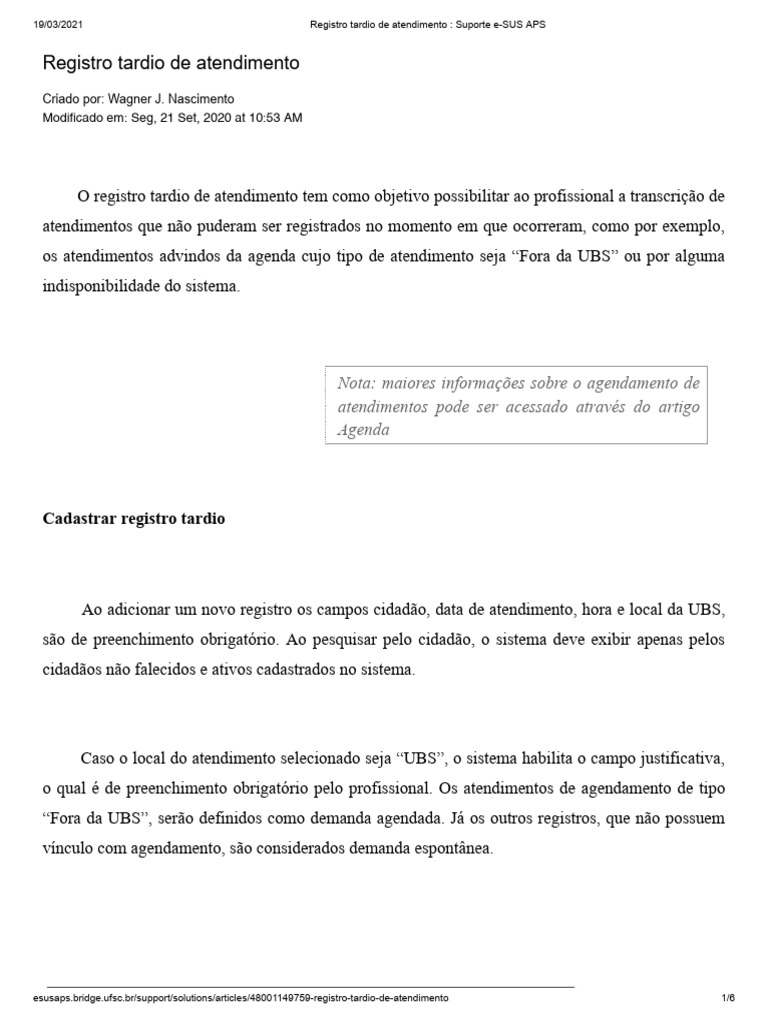 Registro Tardio de Atendimento e-SUS APS | PDF