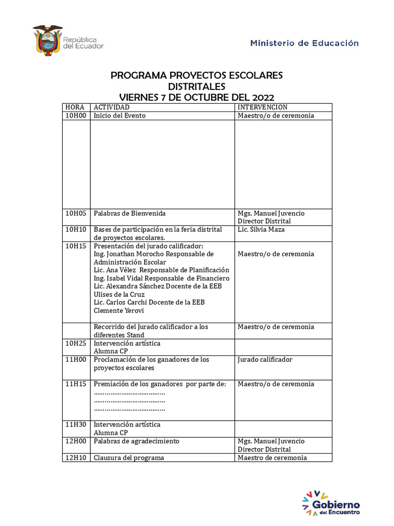 PROGRAMA DE PROY. Esc. Modelo Muestra | PDF