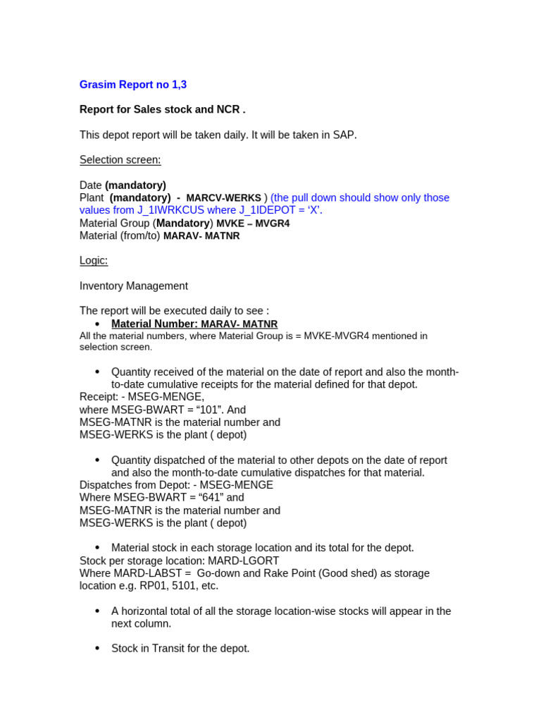 Grasim Report No 1,3 Sales Stock NCR Report | PDF