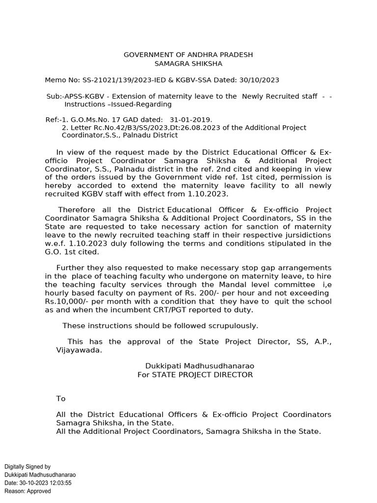 MATERNITY LEAVE FOR NEWLY RECRUITED STAFF IN KGBVs | PDF