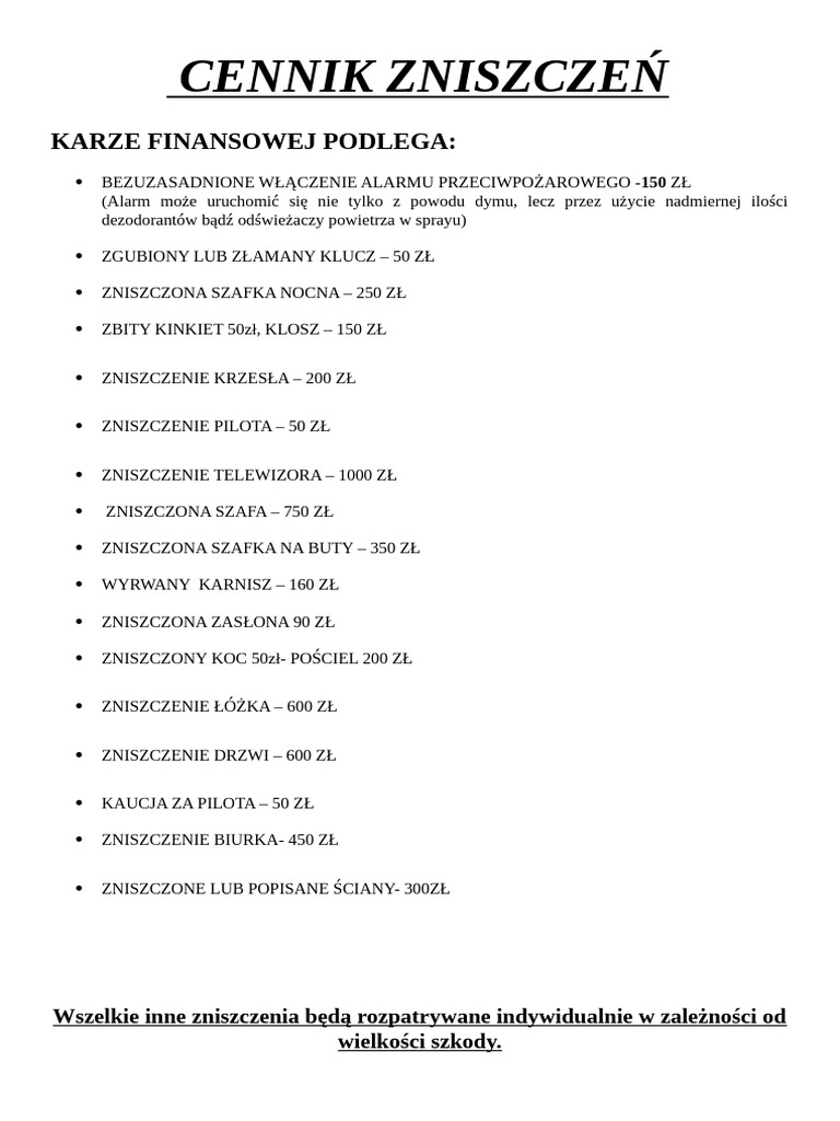 Cennik zniszczeń | PDF