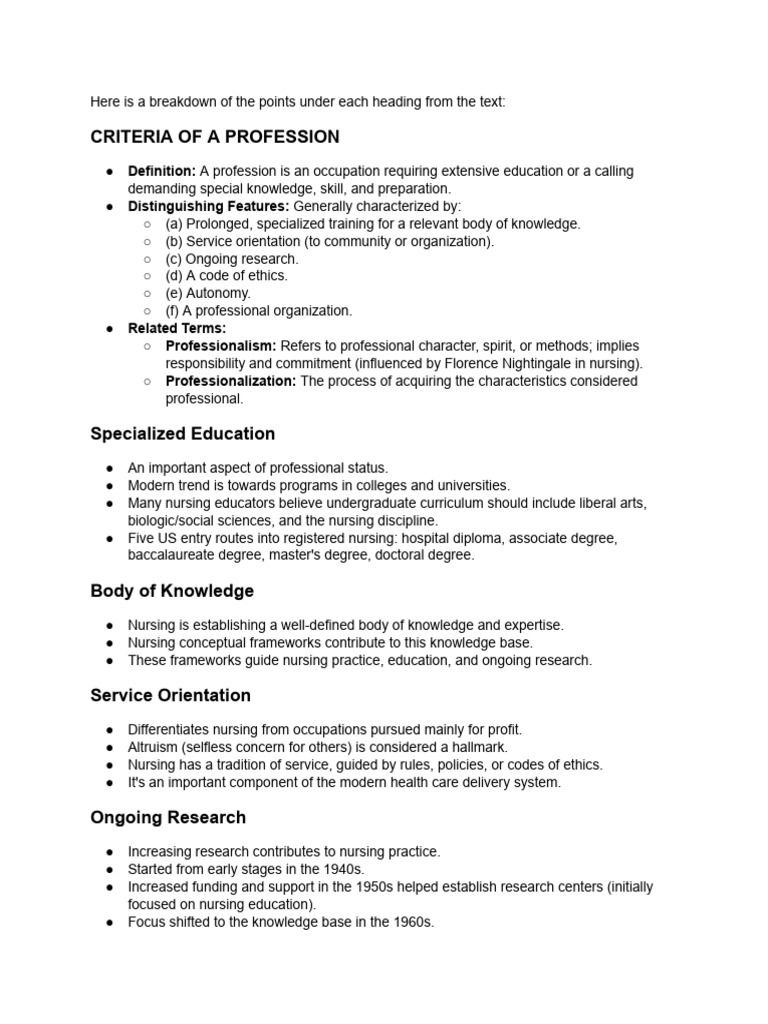 Detailed Summary - Criteria of A Profession & Socia... | PDF | Nursing ...