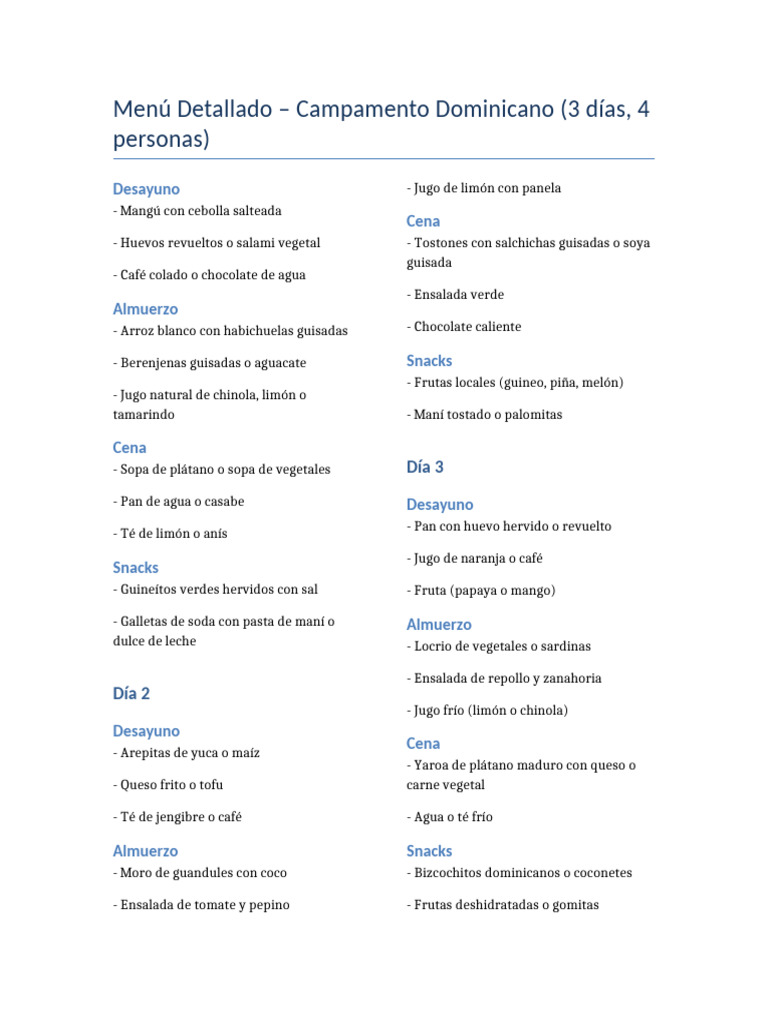 Copia de Menu Detallado Campamento Dominicano | PDF