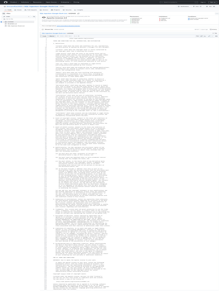 SQL-Injection-Google-Dork-List_LICENSE at main · ShivamRai2003_SQL-Injection-Google-Dork-List ...