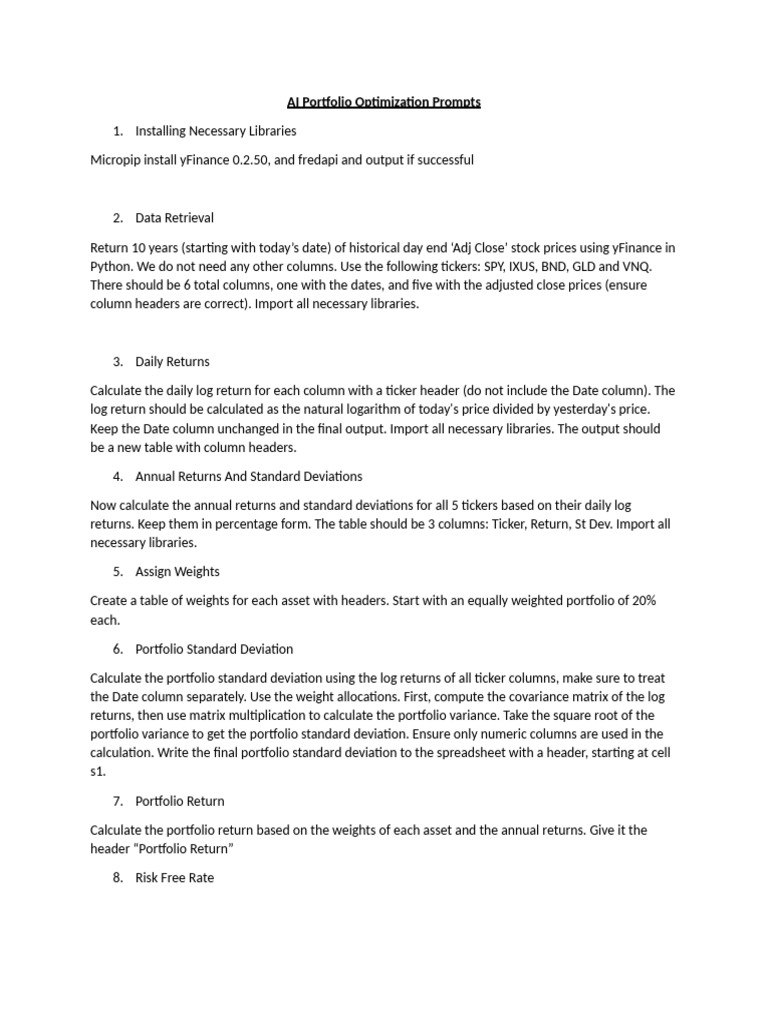 AI Portfolio Optimization Prompts | PDF | Sharpe Ratio | Standard Deviation