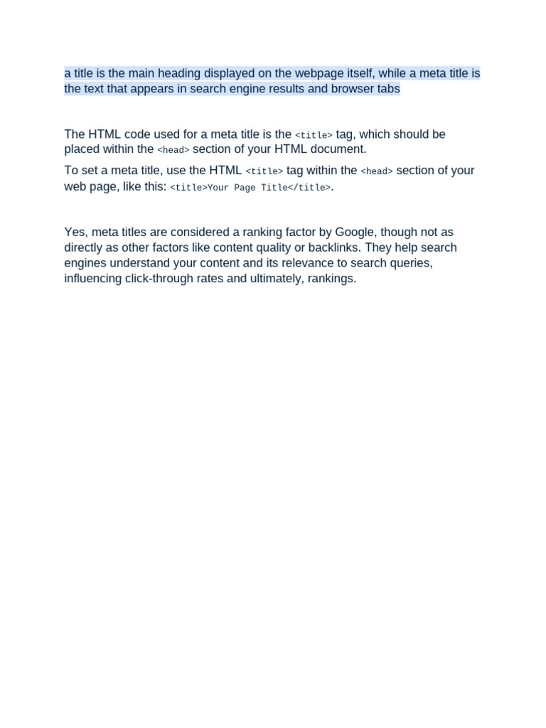 A Title Is The Main Heading Displayed On The Webpage Itself | PDF
