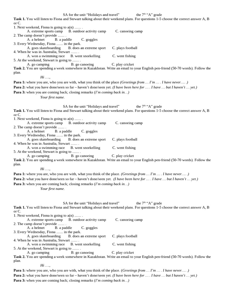 3 - SA For The Unit Holidays and Travel | PDF