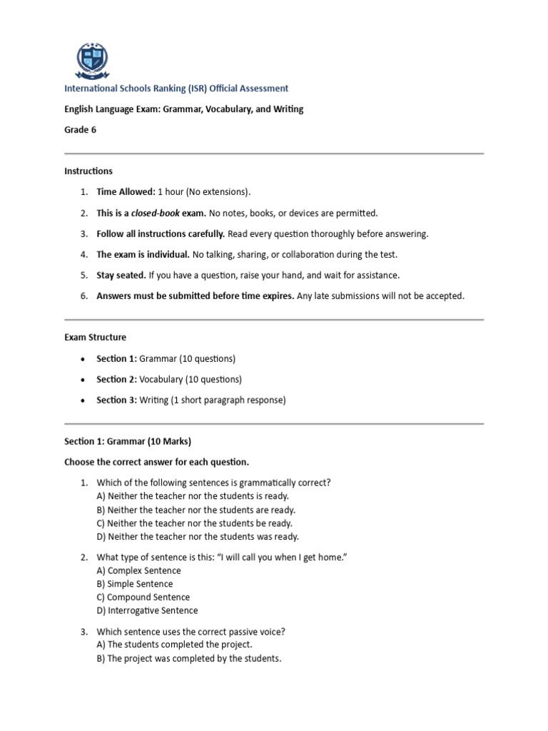Grade 6 English Exam: Grammar & Vocabulary | PDF | Question | Semantics