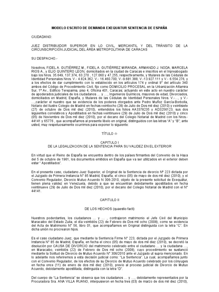 Modelo Escrito de Demanda Exequatur Sentencia de España | PDF ...