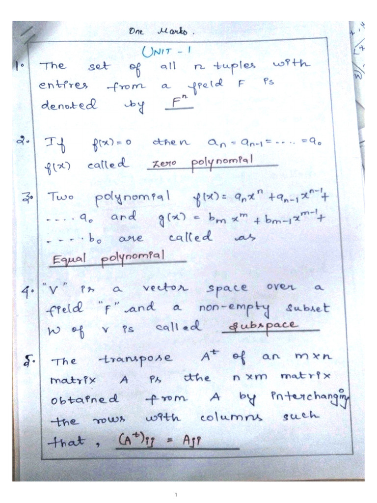 linear algebra( 1 to 5 )units one marks | PDF
