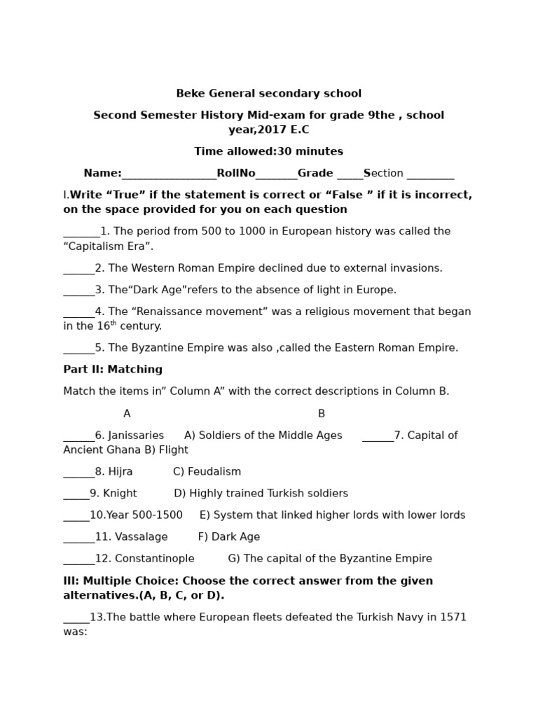 Grade 9 History Mid-Exam Review | PDF | Byzantine Empire | Ottoman Empire