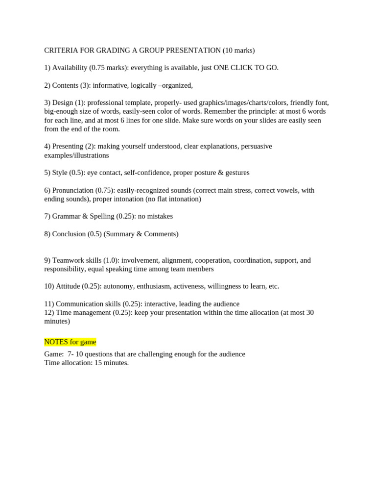 Criteria For Grading A Group Presentation | PDF