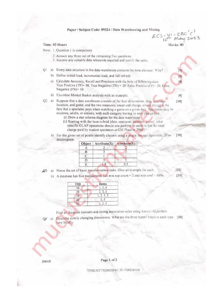 Be - Electronics and Computer Science - Semester 6 - 2023 - May - Data Warehousing and Mining ...