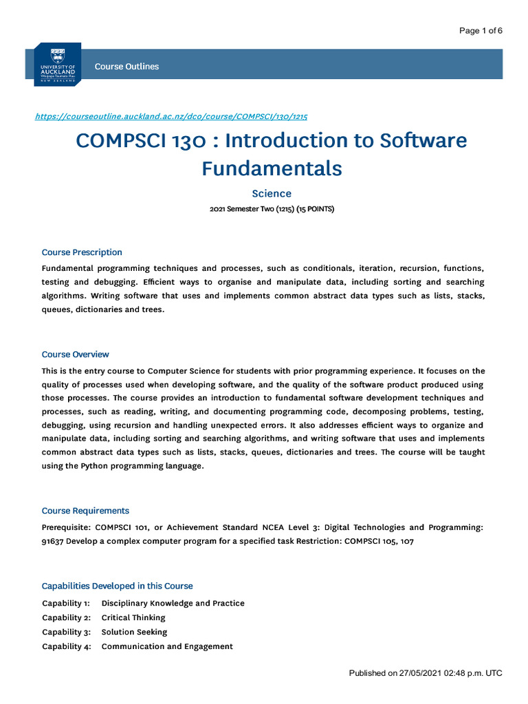 COMPSCI 130 - 2021 Semester Two - Course Outline | PDF | Computer Programming | Computer Science
