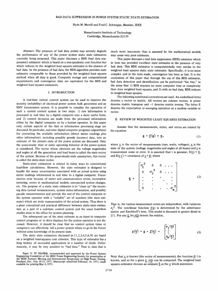 1971_Schweppe_Bad Data Suppression in Power System Static State Estimation | PDF | Least Squares ...