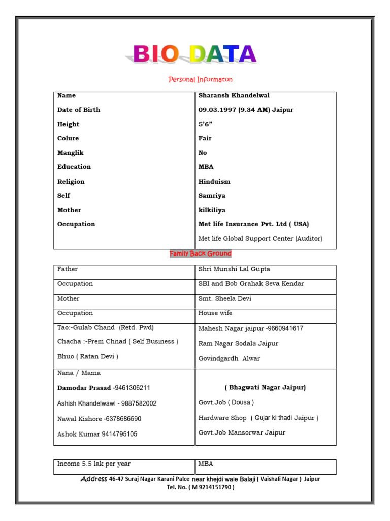 Personal Profile of Sharansh Khandelwal | PDF