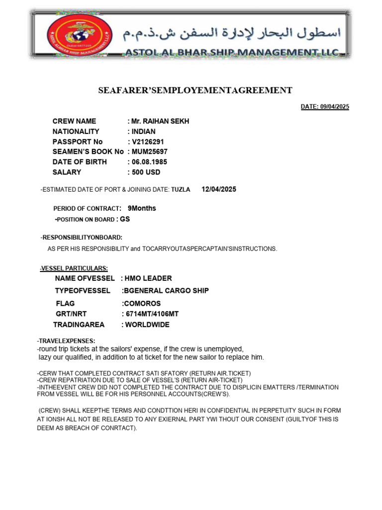 Employment Agreement of Raihan Sekh. | PDF | Sailor | Shipping