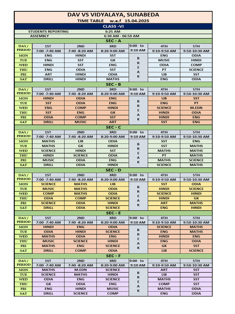 CLASS -6 TIMETABLE_074733 | PDF