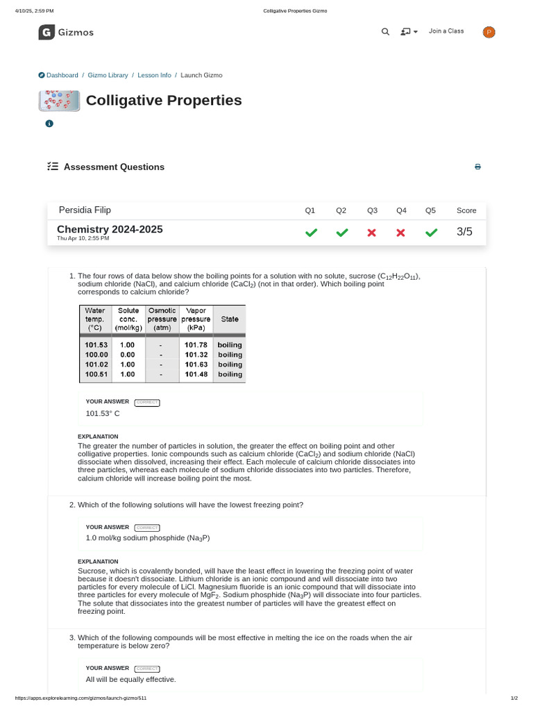 Colligative Properties Gizmo | PDF | Chloride | Salt (Chemistry)