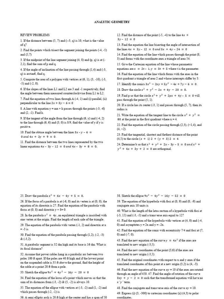 Analytic Geometry Review Problems | PDF | Line (Geometry) | Coordinate ...