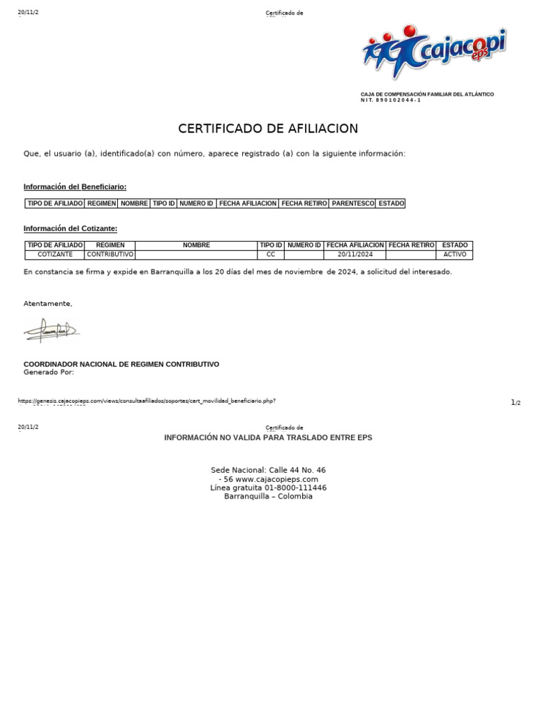 Certificación Cajacopi | PDF