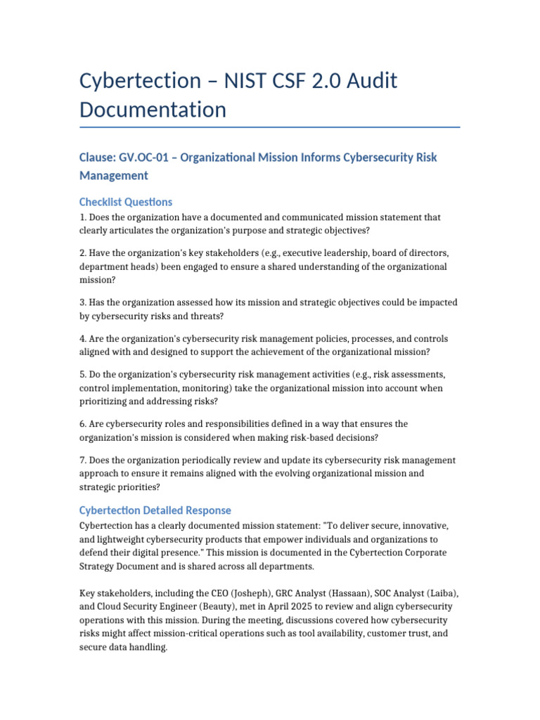 Cybertection NIST CSF 2.0 Audit Checklist | PDF | Computer Security | Security