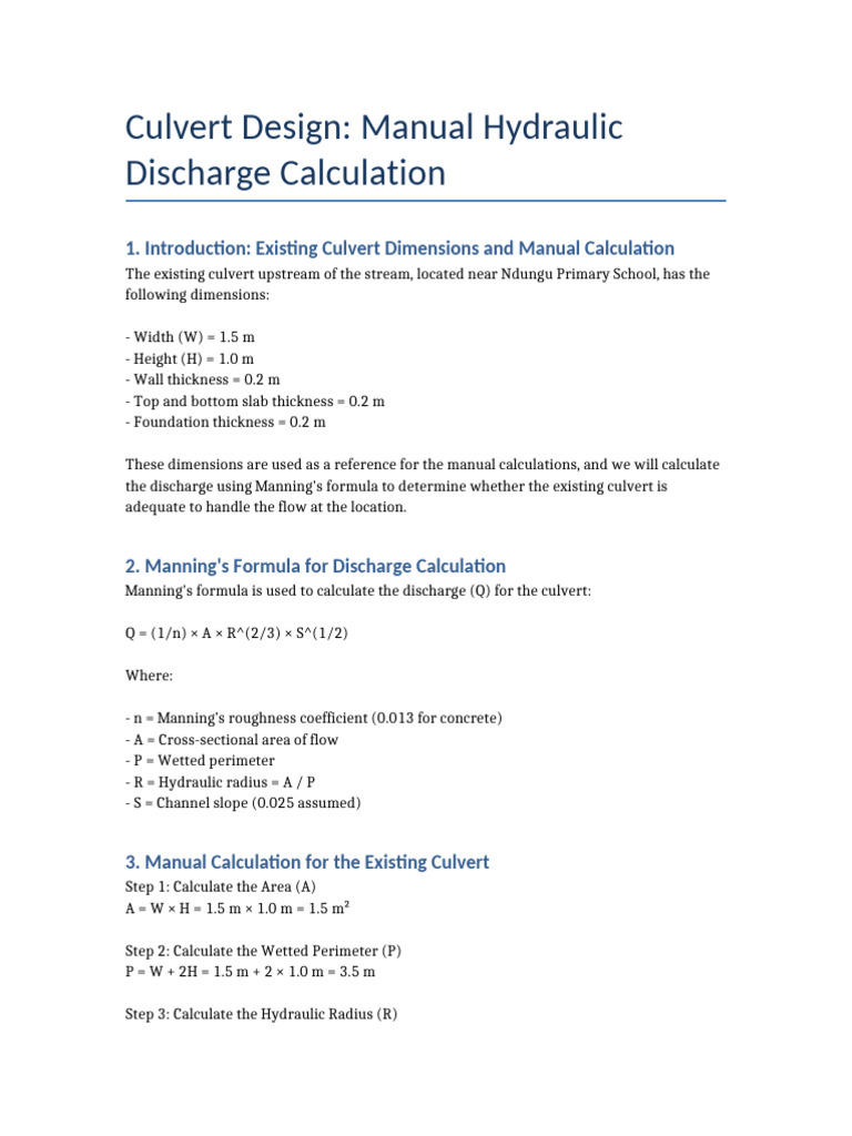 Culvert Hydraulic Design Manual Calculation | PDF