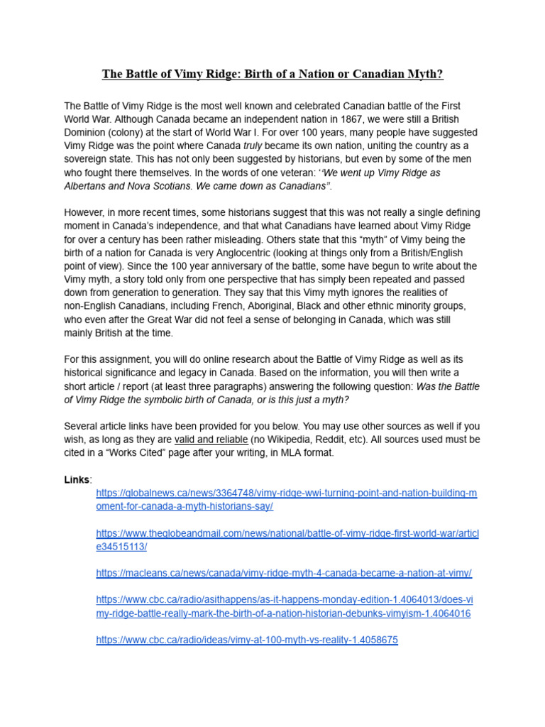 Vimy Ridge - Myth or Reality Assignment | PDF | Argument