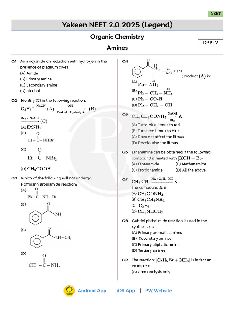Amines DPP 02 Yakeen NEET 2.0 2025 (Legend) | PDF | Amine | Molecules