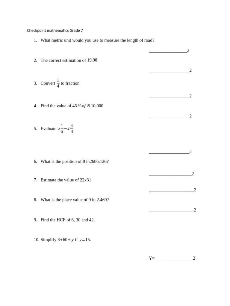 Checkpoint Mathematics Grade 7 | PDF
