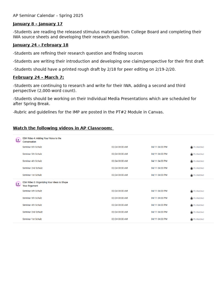 AP Seminar Calendar | PDF