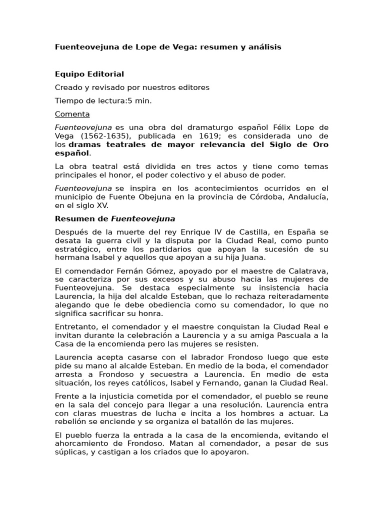 Fuenteovejuna de Lope de Vega | PDF