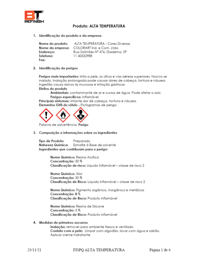 FISPQ: Líquido Inflamável Alta Temperatura | PDF | Calor | Ambiente natural