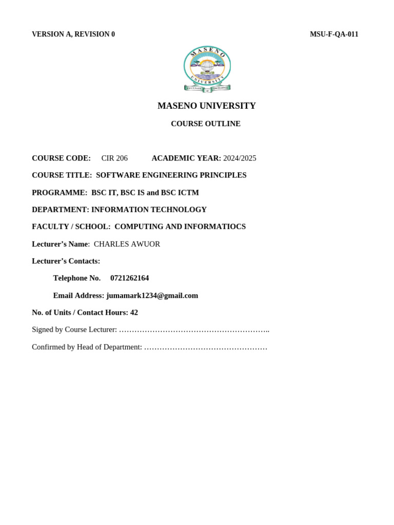 CIR 206 PRINCIPLE OF SOFTWARE ENGINEERING COURSE OUTLINE | PDF ...