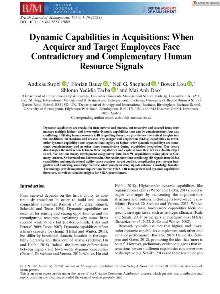 British J of Management - 2024 - Strobl - Dynamic Capabilities in Acquisitions When Acquirer and ...