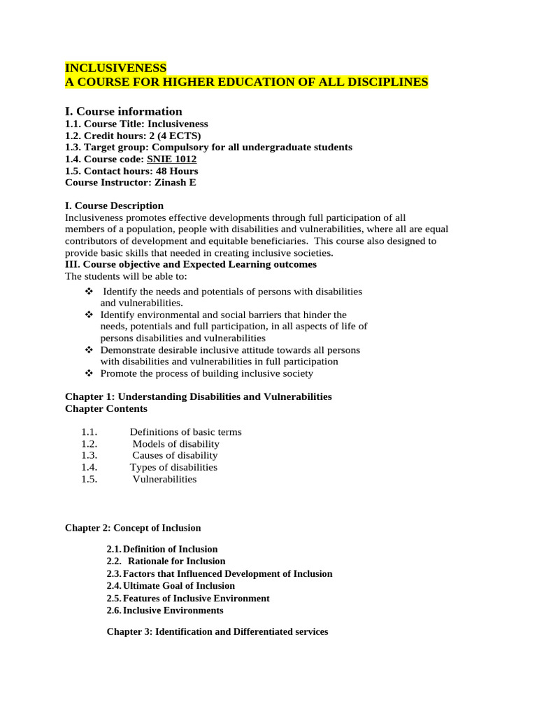 Inclusiveness course outline (1)-1 | PDF | Disability | Special Education