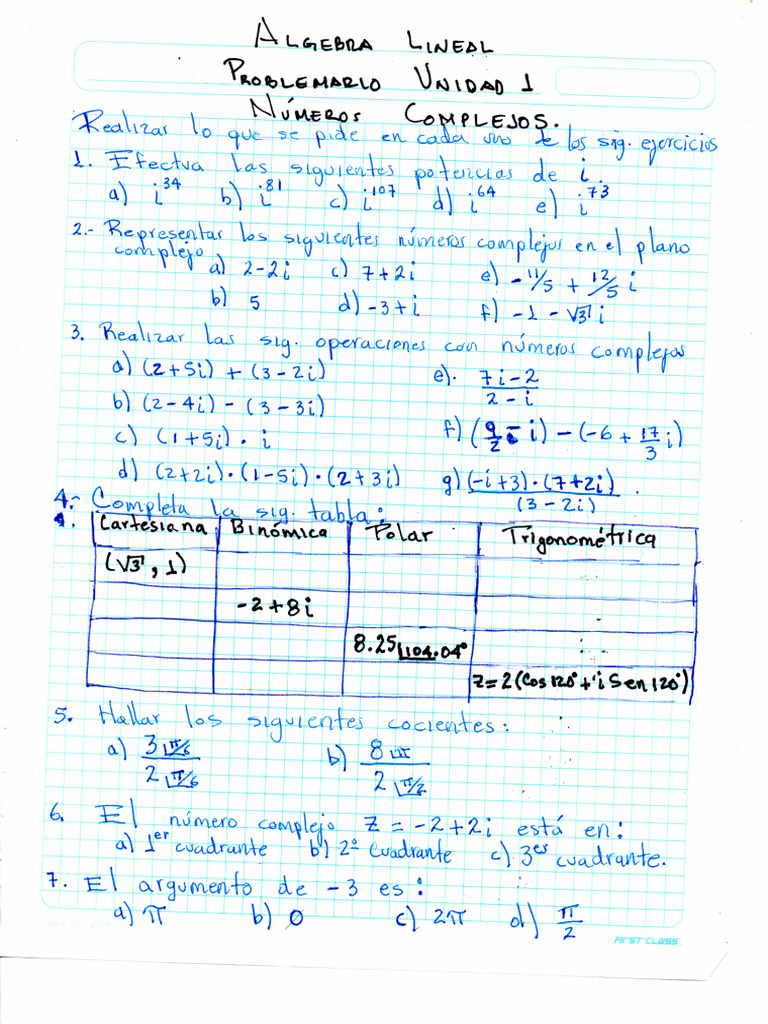 Problemario U1 - Números Complejos - ALineal | PDF