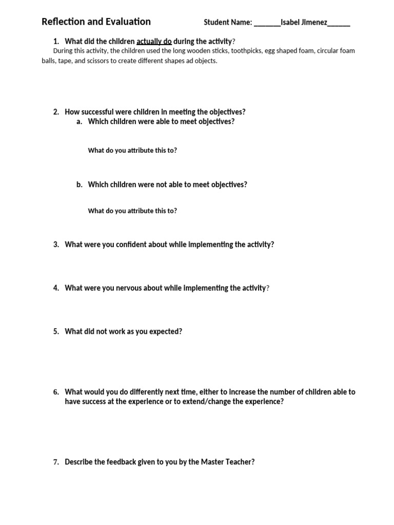 Reflection and Evaluation Form | PDF