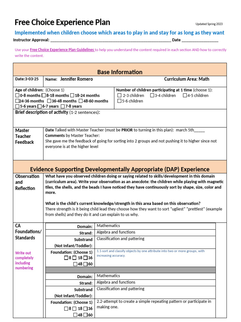 Free Choice Math Activity Plan | PDF | Mathematics | Vocabulary