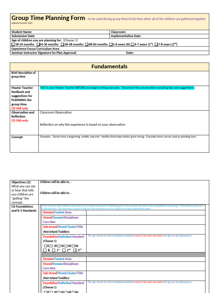 Group Time Plan Form ITPKK3 Summer 23 | PDF | Vocabulary | Behavior ...