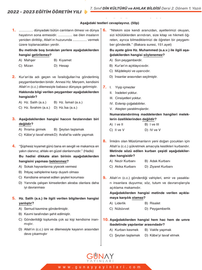 Gunay 2 Donem 1 Yazili Sorulari 7 Sinif Din Kulturu Ve Ahlak Bilgisi | PDF