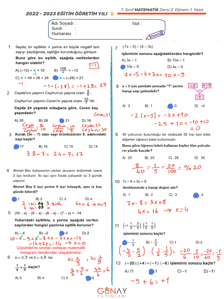 Gunay Yayinlari 2 Donem 1 Yazili 7 Sinif Matematik Cevaplari | PDF