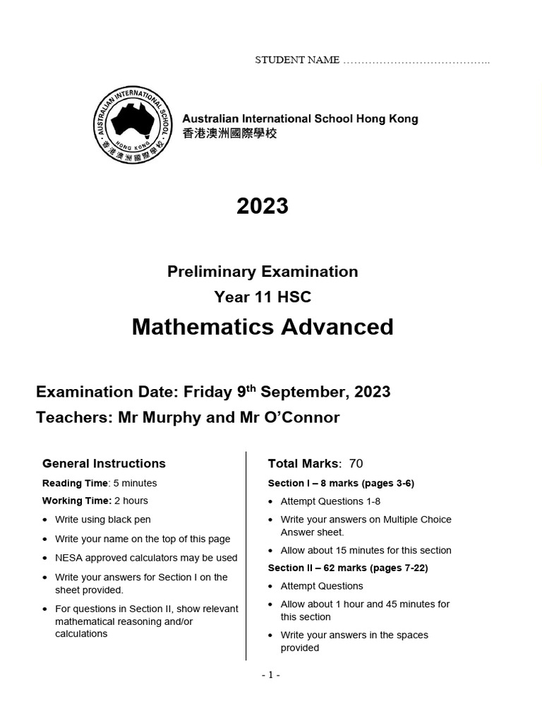 2023 Year 11 Mathematics Advanced Exam | PDF | Pi | Multiple Choice
