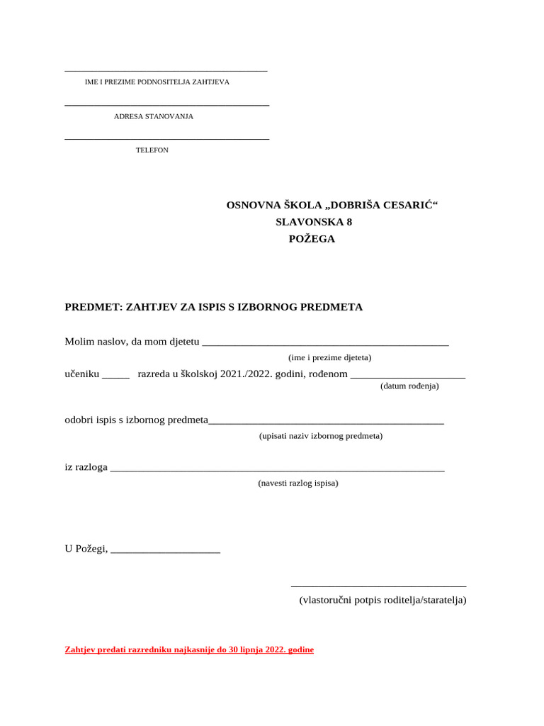 Zahtjev Za Ispis S Izbornog Predmeta 2022. | PDF