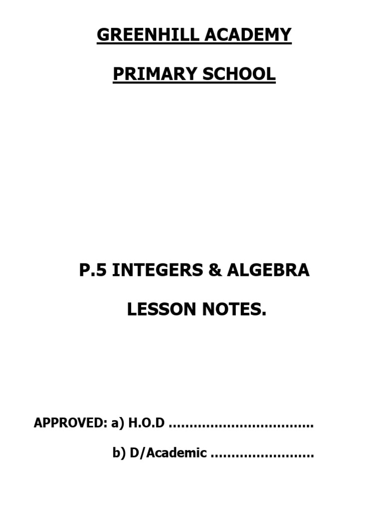 P5 Mathematics Lesson Notes-Greenhill Academy Primary School Integers ...